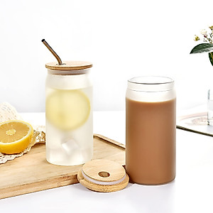 Laosh 8Pcs 16oz Frosted Sublimation Glass Blanks with Bamboo Lid and Plastic Lid, Sublimation Glass Cups Jar Tumbler Beer Can with Double Lid and Straw For Iced Coffee Juice Soda Drinks Beer