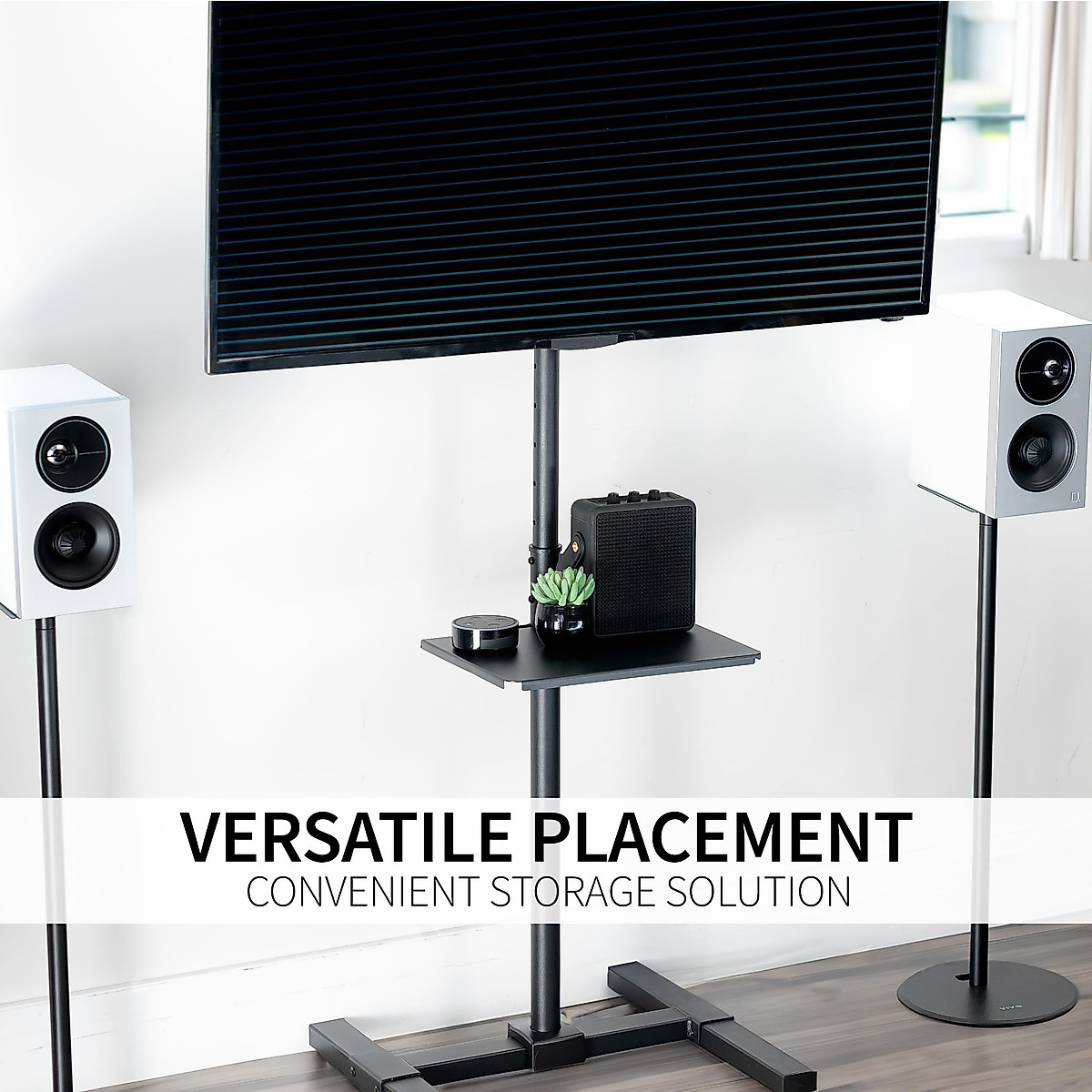 VIVO Universal Steel 14 x 10 inch Shelf Pole Mount for TV Cart, Speaker Stand, and More/Clamp-on Utility Storage Platform, Black, MOUNT-SF13P