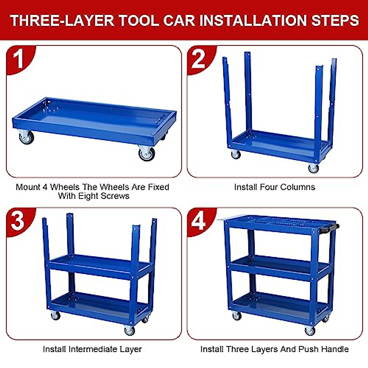 3-Tier Rolling Tool Cart, 330 LBS Capacity Heavy Duty Service Cart with Handle & Lockable Wheels, Rolling Trolley Storage Organizer with Adjustable Dividers, for Warehouse Garage