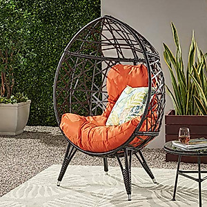 Great Deal Furniture Doris Outdoor Wicker Teardrop Chair with Cushion, Brown and Orange
