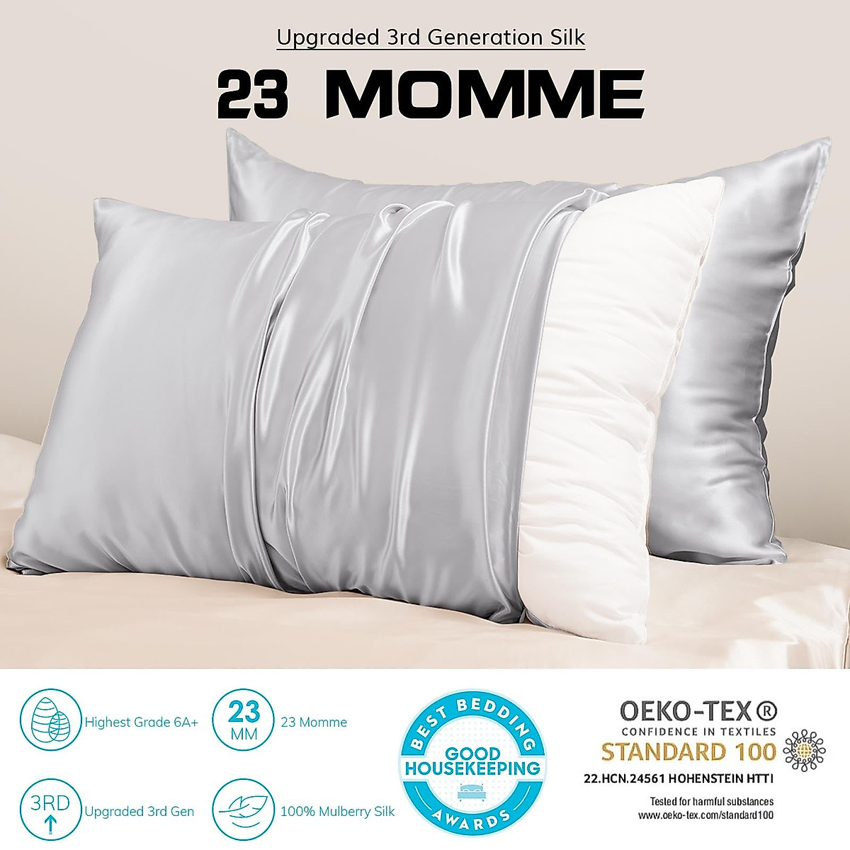 PROMEED 100% Mulberry Toddler Silk Pillowcase for Baby Hair and Skin, Premium Grade 6A+ 23 Momme Travel Silk Pillow Cases 13 x 18 with Free Laundry Bag (Toddler/Travel 13"x18", Light Grey)