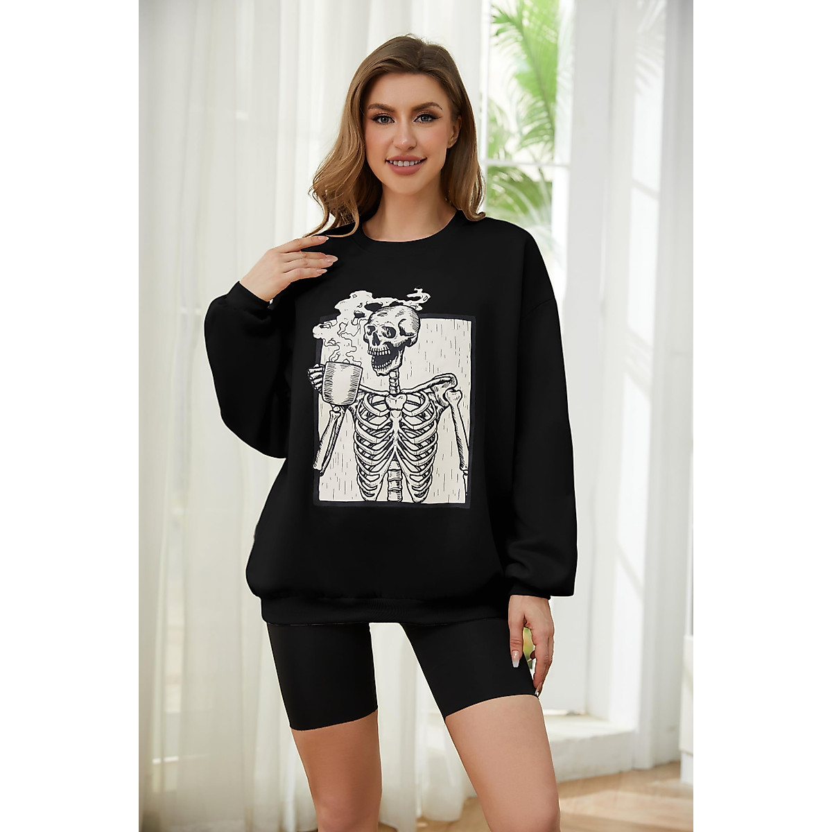 Meladyan womens Halloween Skull Graphic Print Fleece Oversized Sweatshirt Crewneck Long Sleeve Drop Shoulder Pullover, Classic Black, X-Large