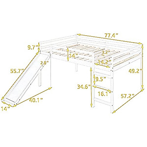 LostCat Full Loft Beds with Slide, Kids Loft Bed with Slide, Wood Full Size Low Loft Bed with Slide and Ladder, Wood Low Loft Bed Frame with Ladder, Wooden Child Bed Frame for Boys Girls, White