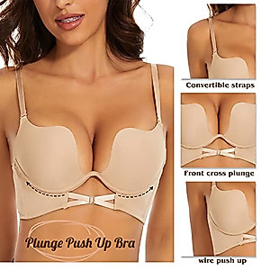 Haullps Deep Plunge Push Up Bra for Women Low back Bra Wire Lifting Bra with Multiway Convertible Straps Nude