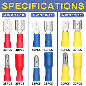haisstronica 360PCS Electrical Insulated Bullet&Spade Termianls Kit,AWG 22-10 Wire Crimp Terminals of Tinned Red Copper,Quick Disconnect Wire Connectors Kit(3Colors/12Size)
