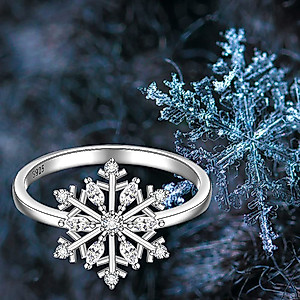 Christmas Rings Snowflake Rings Sterling Silver Cute Dainty White Zirconia Dirthstone Crystal Gift Wedding for Women Love Rings Size 7
