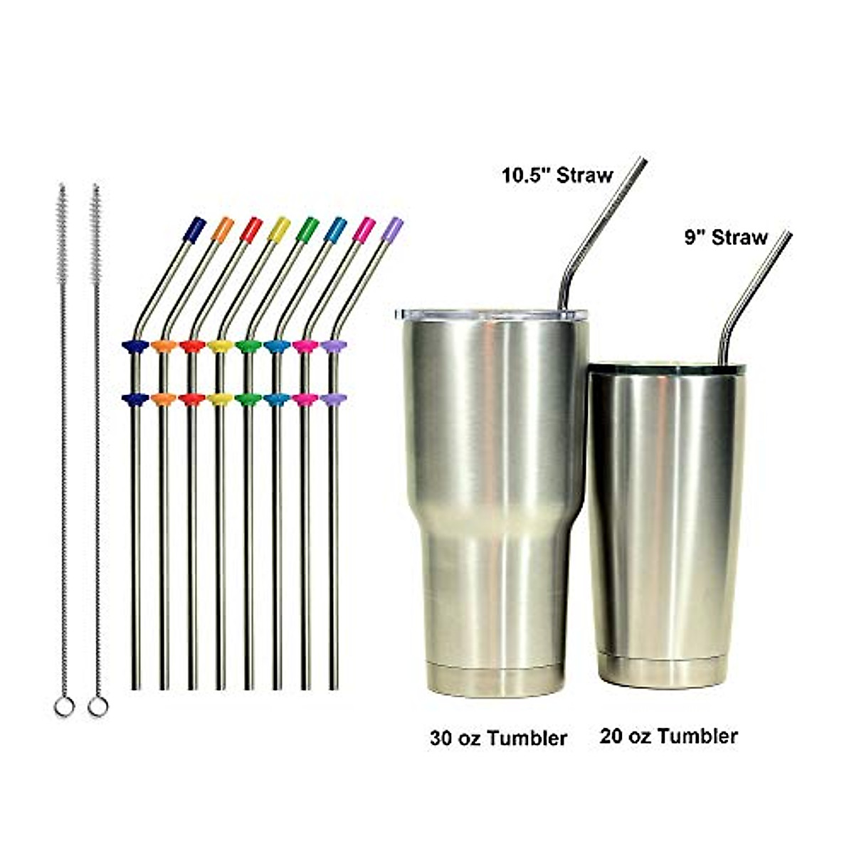 RAINIER Stainless Steel Metal Drinking Straws | Fits Yeti RTIC or Any 20 or 30 oz Tumbler| Extra Long Reusable Ecofriendly | Set of 8 Angled Straws with Silicone Silencers, Comfort Tips, 2 Brushes