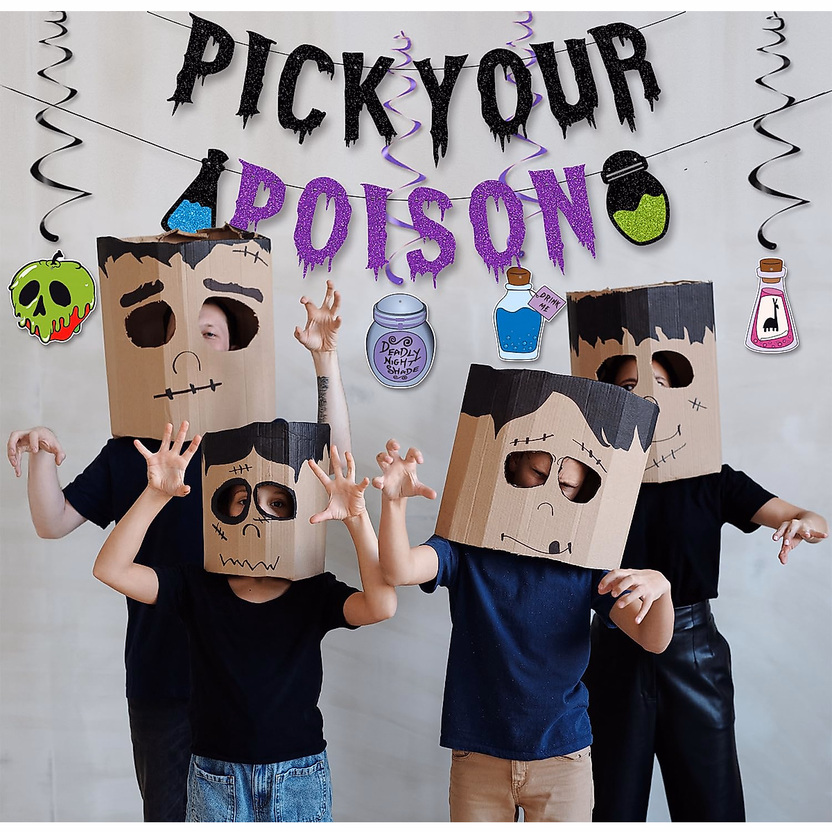 JKQ Glittery Pick Your Poison Banner and Halloween Hanging Swirls Decorations Halloween Haunted Mansion Banner Halloween Witches Party Decorations Supplies for Home Mantle