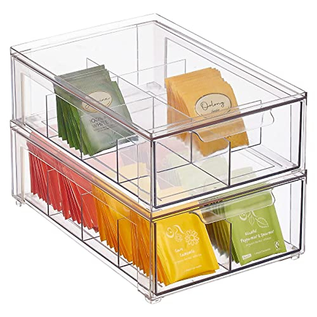 mDesign Plastic Kitchen and Pantry Organizer with Divided Drawer - Stackable Bin with 8 Sections for Tea and Snack Food - Perfect for Organizing Cabinet, Fridge - Lumiere Collection - 2 Pack - Clear
