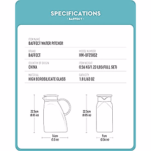 Baffect Water Pitcher, High Borosilicate Glass Jug with Stainless Steel Lid, Leakproof Fridge Door Carafe for Hot or Cold Beverage (1.8 L/63 oz.)