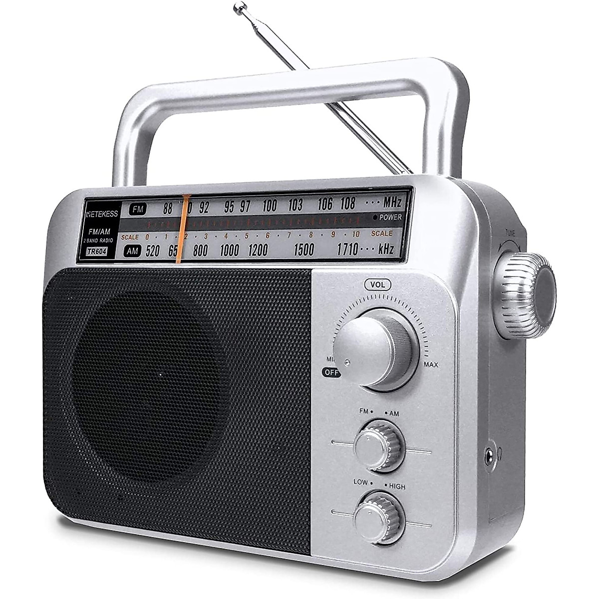 Retekess TR604 AM FM Radio Portable Transistor Analog Radio with 3.5mm Earphone Jack Battery Operated Boombox by 3 D Cell Batteries or AC Power (Silver, AM FM)