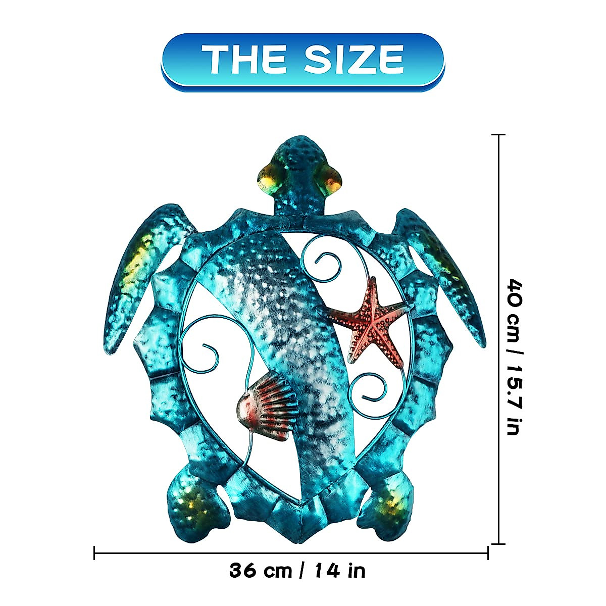 Large Metal Ocean Turtle, 15.7 Inch Metal Sea Turtle Wall Decor Outdoor Metal Sea Turtle Sculpture for Garden Home Living Room Bedroom Aquarium Ocean Themed Wall Decoration