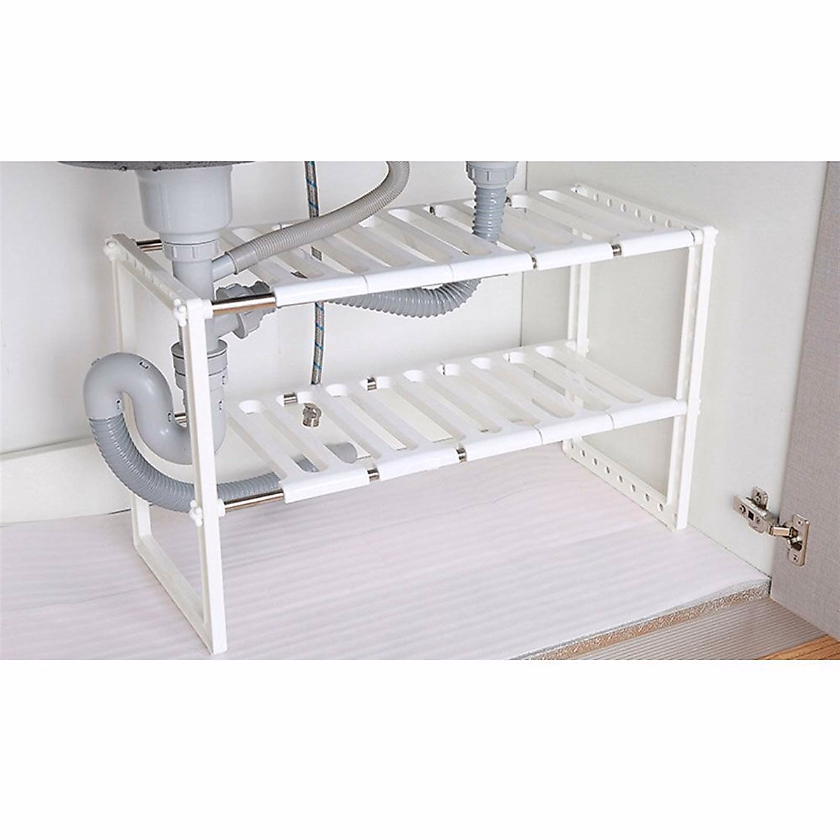 White Under Sink Organizer, Cabinet Organizer 2 Tier Under Bathroom Storage Rack, Multi-Purpose Under Sink Organizers and Storage for Bathroom Kitchen (39-66 x 26 x 38) cm (L x W x H)
