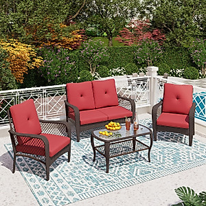 PHI VILLA 4 Piece Outdoor Wicker Patio Furniture Sets Clearance, Patio Wicker Conversation Sets All Weather Rattan Wicker Sofa with Cushions for Garden Lawn Deck, Brown & Red