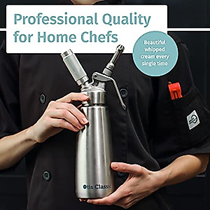 Whipped Cream Dispenser Stainless Steel - Professional Whipped Cream Maker - Gourmet Cream Whipper - Large 500ml / 1 Pint Capacity Canister - Includes 3 Culinary Decorating Nozzles