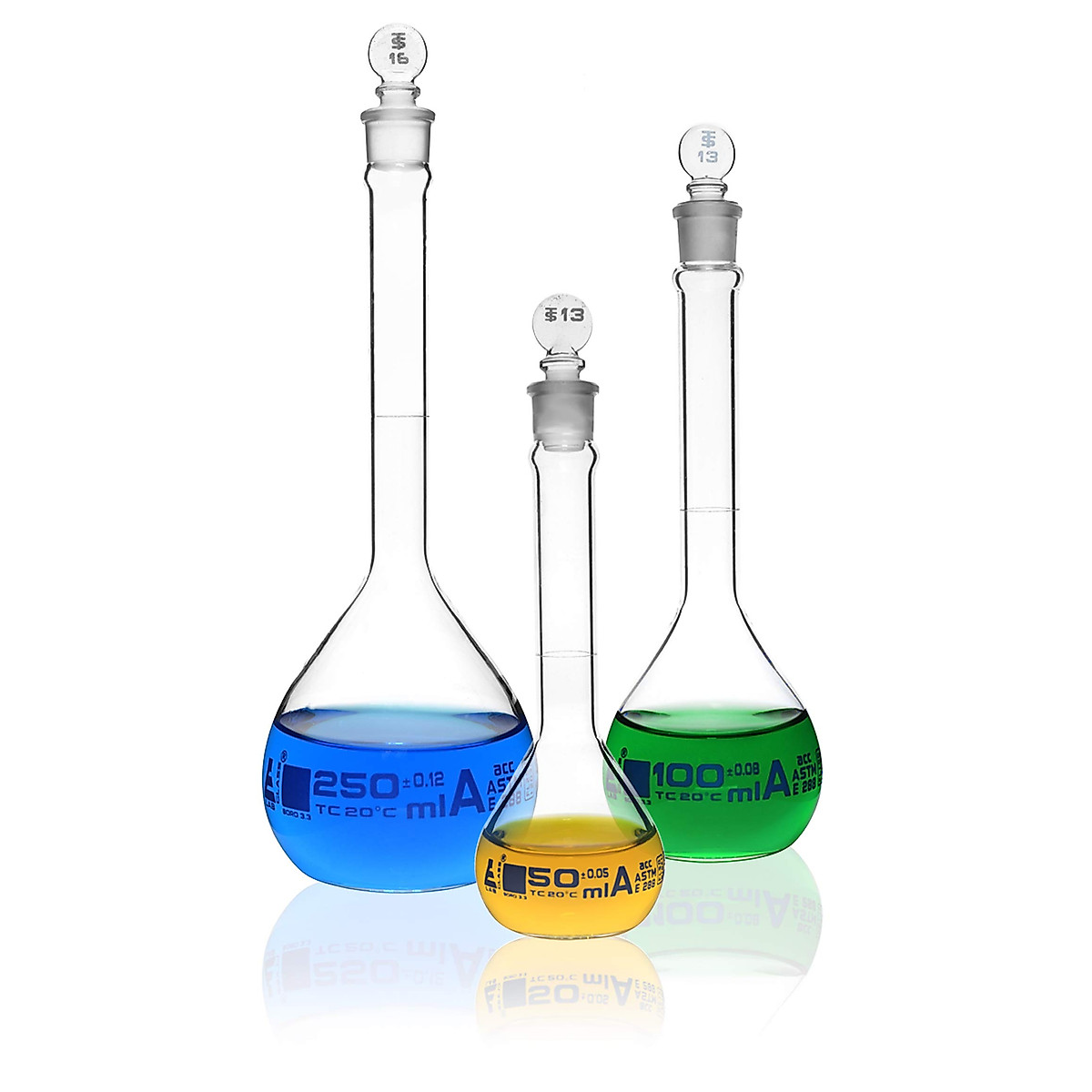 EISCO Premium Volumetric Flask Set - 50ml, 100ml & 250ml - Class A, ASTM E288 - Superior Durability & Chemical Resistance - Glass Penny Stoppers - Borosilicate 3.3 Glass