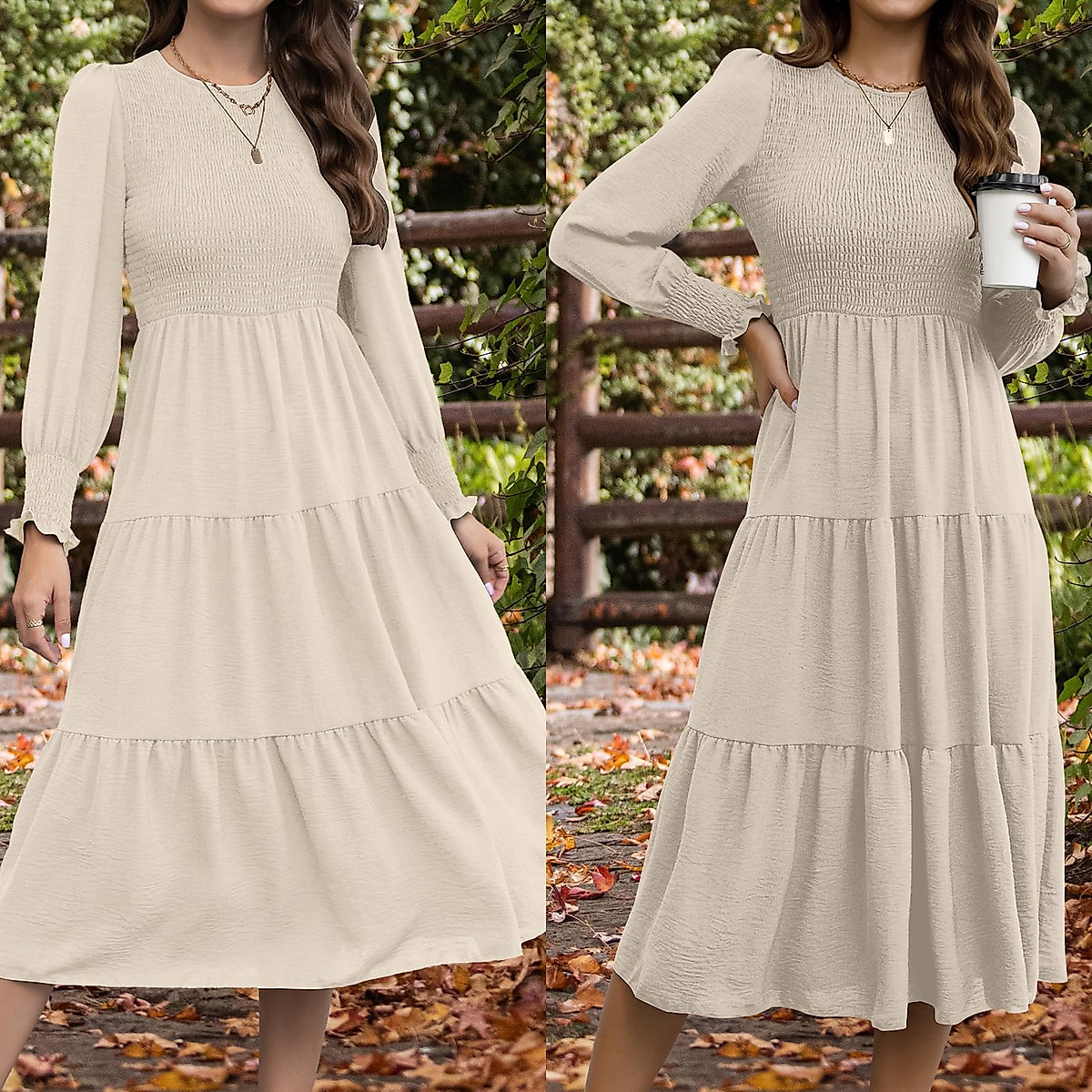 ZOOMOON Women’s Smocked Puff Sleeve Dress 2025 Fall Winter Crewneck Tiered Midi Flowy Dresses(Beige,XL)