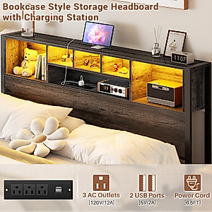 Homieasy Queen Size Bed Frame with Bookcase Headboard, Metal Platform Bed Frame Queen Size with Charging Station and LED Light, Heavy Duty Metal Slats, No Box Spring Needed, Noise-Free, Black Oak