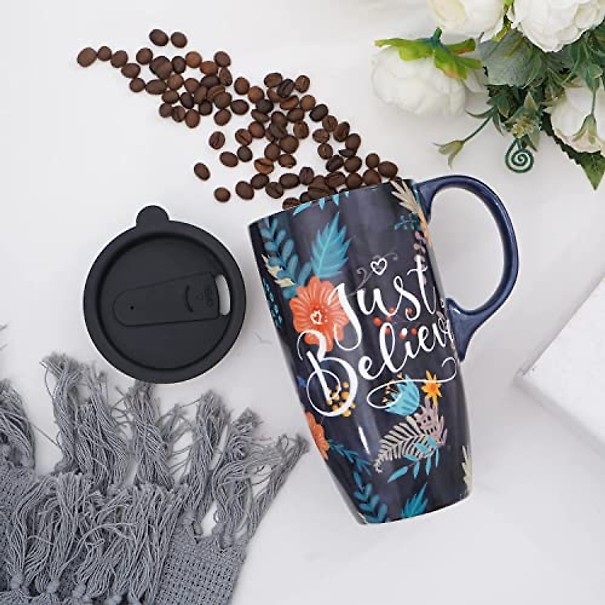 DUSVALLY Ceramic Travel Mug with Handle, Splash-Resistant Slider Lid, Ceramic Coffee Mug for Office and Home, Microwave & Dishwasher Safe, Just Believe Flower