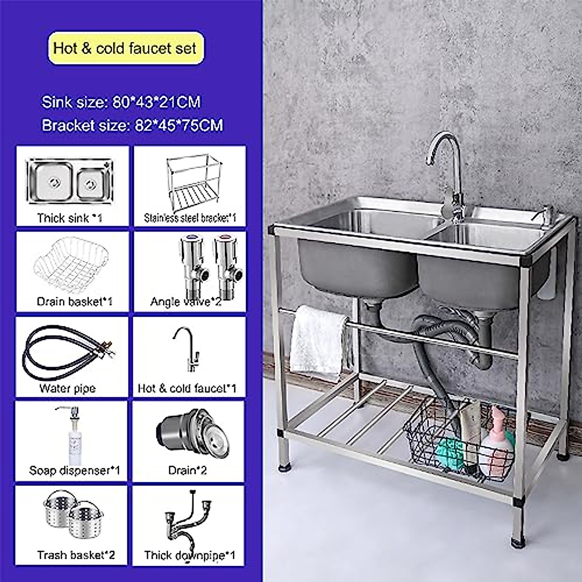 Outdoor Sink Station,Stainless Steel Utility Kitchen Sink,Garden Sink,Commercial Restaurant Sink,Farmhouse Sink,Portable Freestanding Double Bowls Sink,for Backyard,Garage,Laundry Room (Color : Hot+C