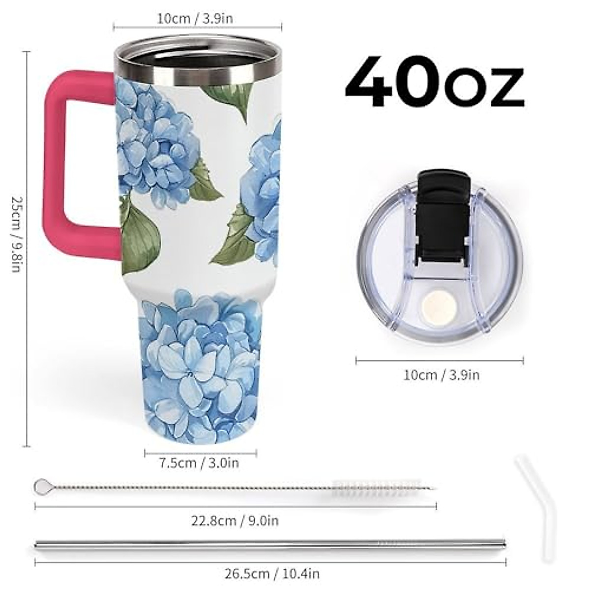 40 Oz Vacuum Tumbler with Light Rose Red Handle Leakproof Insulated Tumbler Blue Hydrangea Pattern Stainless Steel Travel Mug with Lid And Straw Coffee Cup Cute Water Bottles Cup Holder Friendly