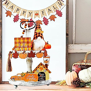 12 PCS Fall Tiered Tray Decor, Gnomes Plush with Hello Fall Decor Wooden Signs,Beads Garland,Pumpkin Decor,Farmhouse Thanksgiving Autumn Decor for Home Table(Tray Not Included)