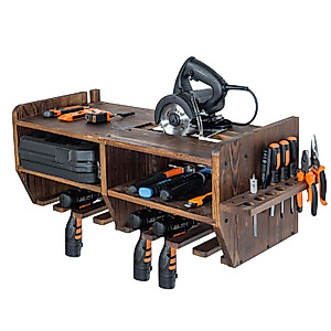 MyGift Wall Mounted Power Tool Organizer Station, Rustic Burnt Solid Wood Toolbox Storage Shelf, 8 Drill Hanging Rack, 15 Hand Tools Slots, and Circular Saw Holder
