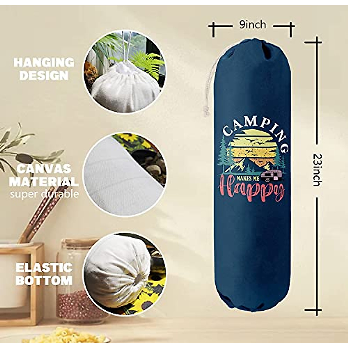 Camping Makes Me Happy， Grocery Bags Holder Organizer for Shopping Bags，Wall Mount Plastic Bags Storage Container Dispensers, Gift for Women Mother Grandmother Friend