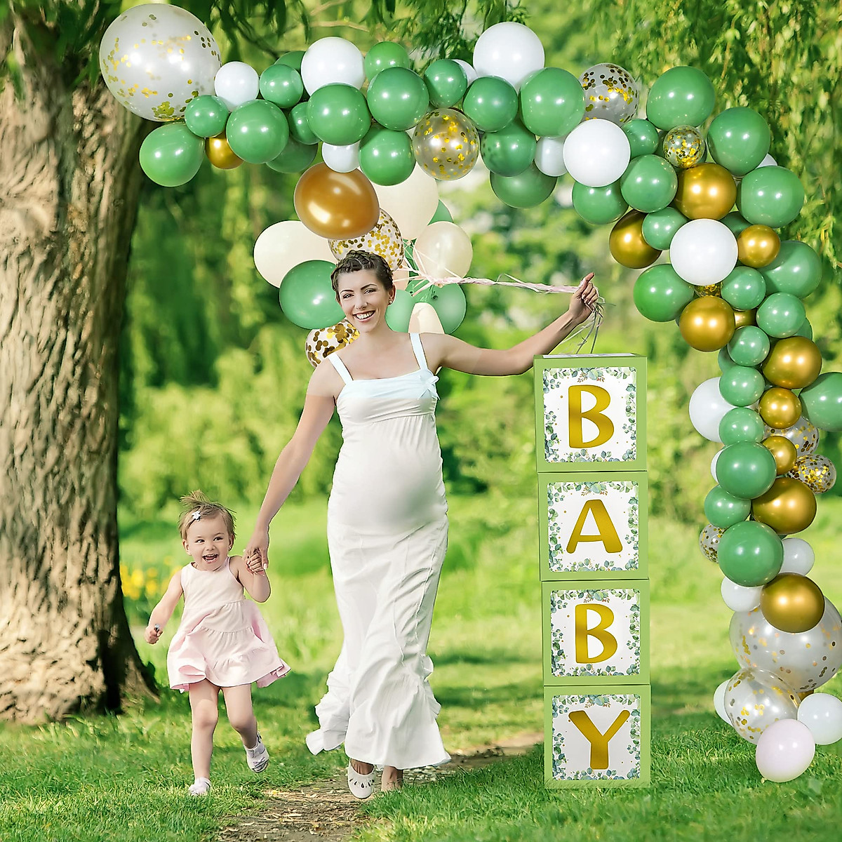 Sage Green Baby Shower Decorations, 4Pcs Neutral Baby Shower Boxes with 92pcs Balloons, Woodland Jungle Theme Baby Shower Decoration Backdrop for Baby Boy Girl Birthday Gender Reveal Party Supplies