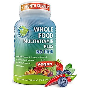 Vegan Whole Food Multivitamin without Iron, Daily Multivitamin for Men and Women, Organic Fruits & Vegetables, B-Complex, Probiotics, Enzymes, CoQ10, Omegas, Turmeric, All Natural, Non-GMO, 180 Count