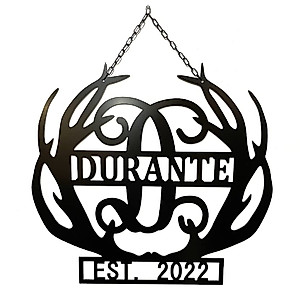 PK Décor Deer Antler Decor with Family Last Name with Established Year, Metal ACM Buck Antlers Sign Gift, Rustic Initial Monogram Door Hanger, QUICK Ship (Split Letter Established Year)