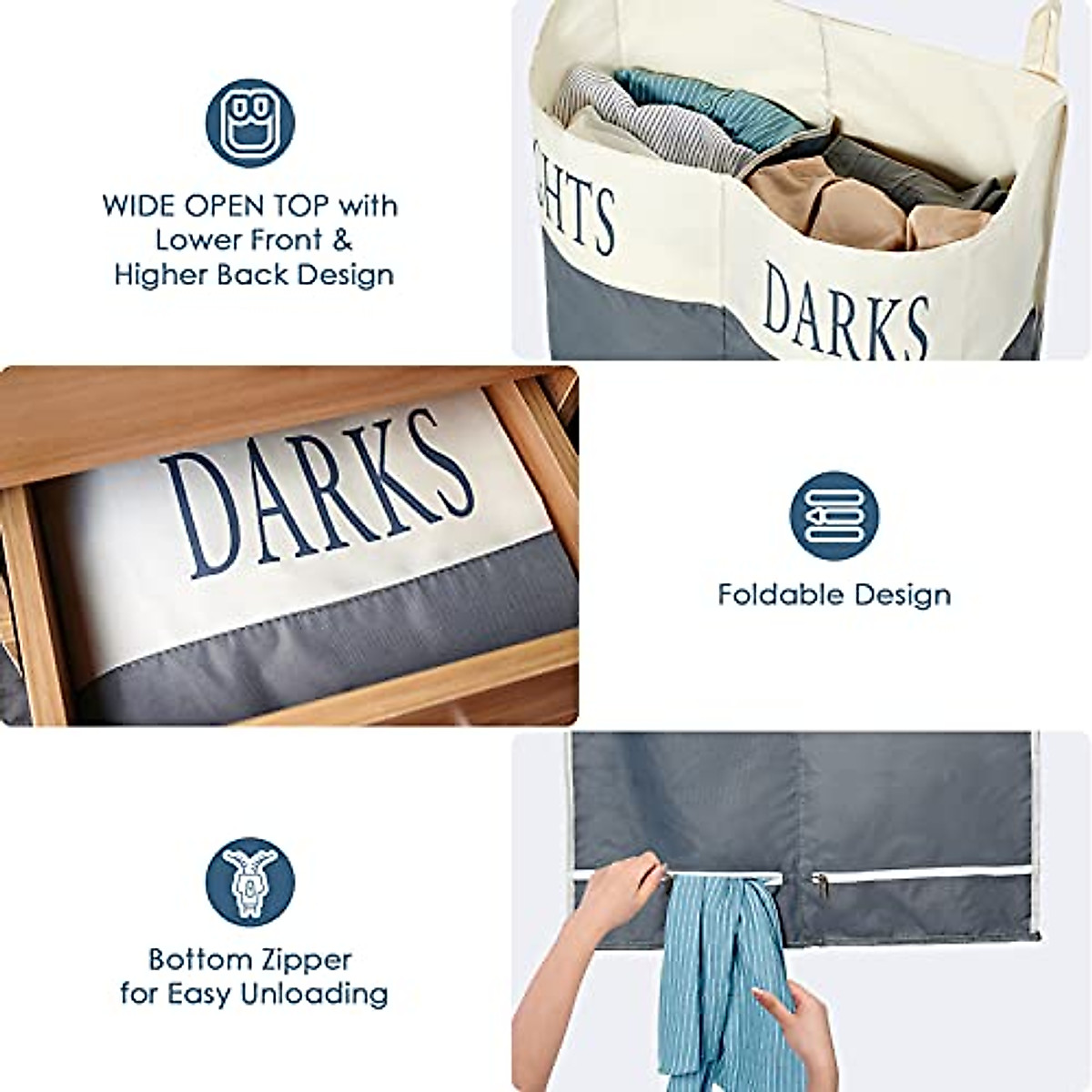 The Fine Living Co. X-Large Two Compartments Hanging Laundry Hamper with Over Door Hooks, Durable Space Saving Laundry Bag Storage with Bottom Zipper, Wide Open Top Dark/Light Compartment(25"x10"x31")