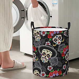 Gbuzozie Floral Skulls Round Laundry Hamper Day Of The Dead Storage Basket Toys Clothes Organizer Bin For Home Bathroom Bedroom Dorm Nursery, 38l
