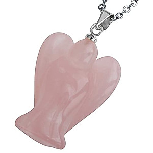TUMBEELLUWA Guardian Angel Handmade Carved Healing Stone Crystal Pendant with Metal Alloy Chain, Rose Quartz