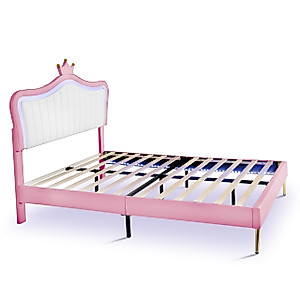 CKLMMC Cute Queen Size Upholstered Princess Bed with Crown Headboard, Modern Upholstered Bed Frame with LED Lights, No Box Spring Required (White+Pink/Princess1)