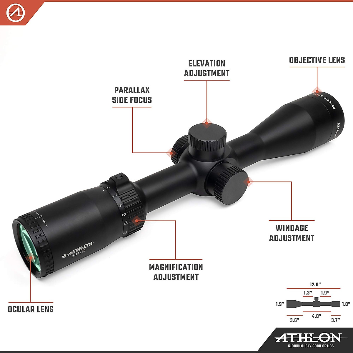 Athlon Optics , Talos , Riflescope , 3-12 x 40 Second Focal Plane (SFP) 1" Tube, MIL Dot Reticle , , Black