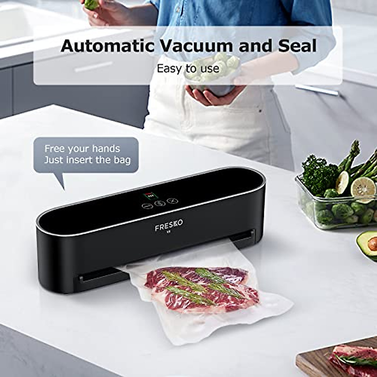 FRESKO Hands-Free Full Automatic Vacuum Sealer Machine，Automatic Moisture Detection Food Sealer with 10 Food Preservation Bags， LED Touch Screen (ETL Certified)