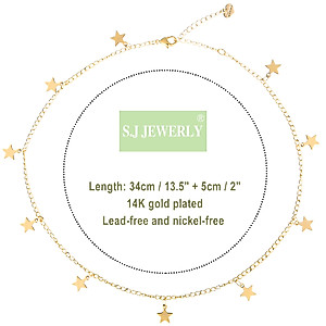 S.J JEWELRY Women Simple Delicate Full Moon 14K Gold Plated/Rose Gold/Silver Plated Layered Pendant Handmade Star Chokers Necklaces CK-Star