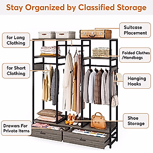 Tribesigns Freestanding Closet Organizer with 2 Drawers, Heavy Duty Garment Rack with Shelves and 6 Hooks, Wardrobe Closet Clothes Rack for Hanging Clothes, Clothing Storage for Bedroom, Gray