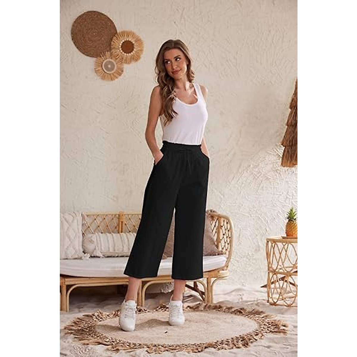 BCOFUI Womens Linen Wide Leg Pants High Waisted Drawstring Baggy Loose Beach Trousers with Pocket