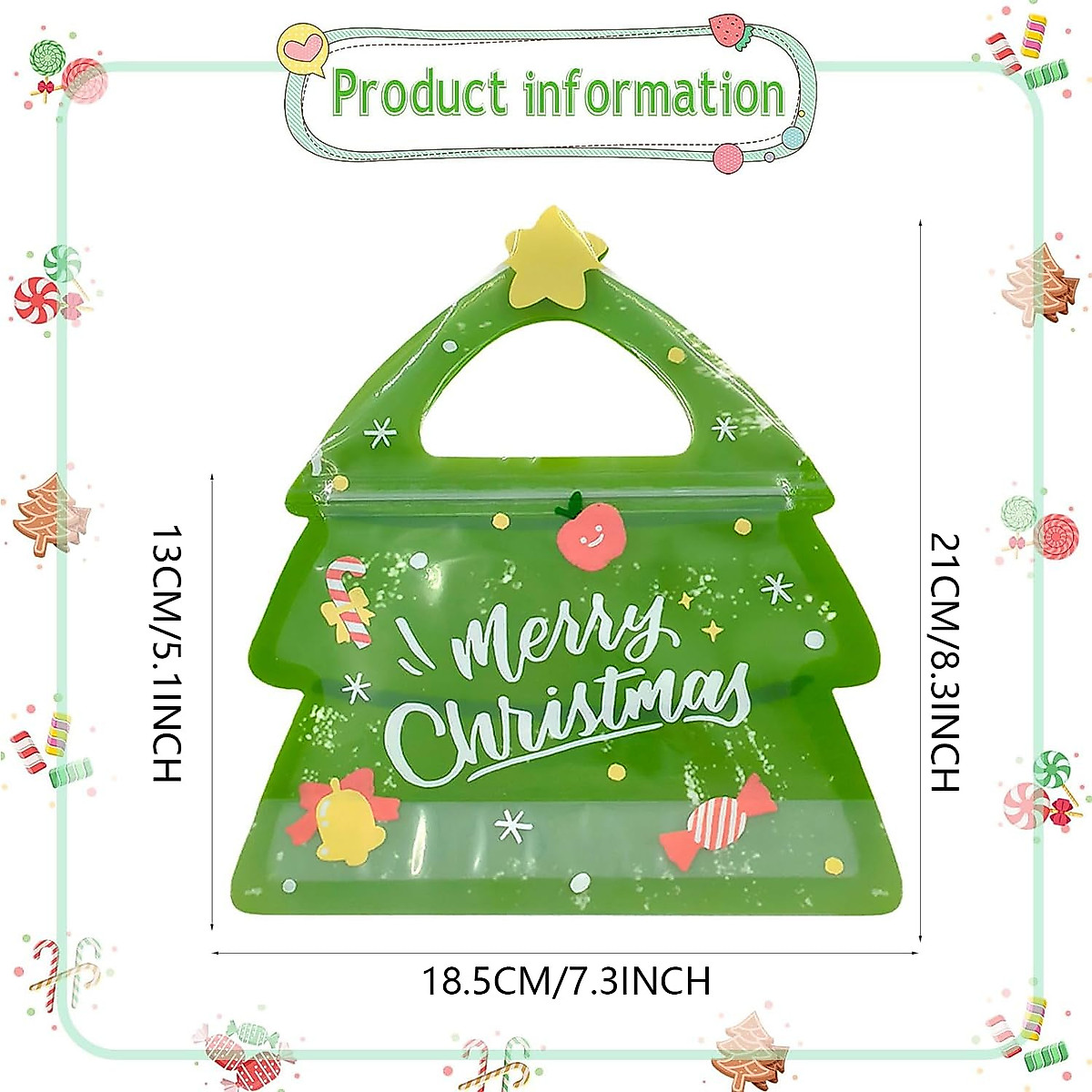 ESUOHYM Christmas Treat Bags For Kids Clear Tree Shaped Ziplock Reusable Goodie Bag Xmas Sealable Bags With Handle For Candy, Cookie, Snack, Party Supplies 10 PCS