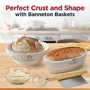 Bread Proofing Basket Set of 2 - Round 9" & Oval 8" Sourdough Bread Baking Supplies w/Linen Liner, Scrapers, Scoring Lame, Whisk, Blades Banneton Proofing Baskets - Sourdough Starter Kit for Beginners