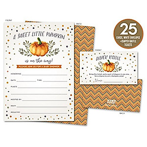 Koko Paper Co Sweet Little Pumpkin on the Way Baby Shower Invitations and Diaper Raffle Tickets | 25 Invitations + 25 Bright White Envelopes + 25 Diaper Raffle Tickets | Made in the U.S.A