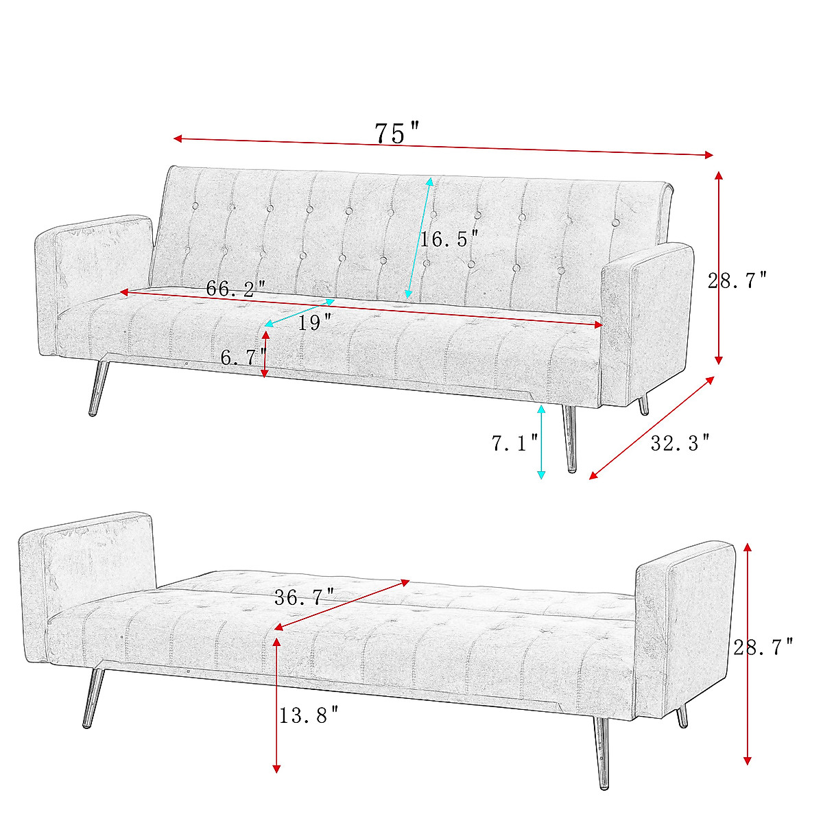75" Futon Sofa Bed,Sleep Sofa,Modern Folding Futon Set,Velvet Convertible Recliner Lounge for RV,Small Apartment,Living Room,500 lbs Capacity