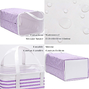 Sea Team 23.6" Large Size Canvas Fabric Laundry Hamper Collapsible Rectangular Storage Basket with Waterproof Coating Inner and Handles, Purple & White Stripe