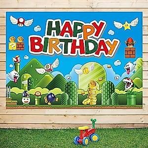 DIZHI Super Bros Happy Birthday Party Decorations Supplies for Boy Adventure Theme Cartoon Video Game Banner Children Happy Birthday Party Decor Supplies Photography Poster Backdrop 5x3ft