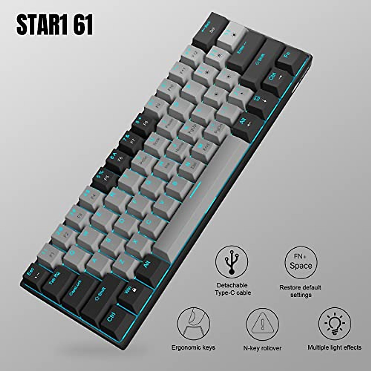 MageGee 60% Mechanical Keyboard, Gaming Keyboard with Blue Switches and Sea Blue Backlit Small Compact 60 Percent Keyboard Mechanical, Portable 60 Percent Gaming Keyboard Gamer(Black Grey)