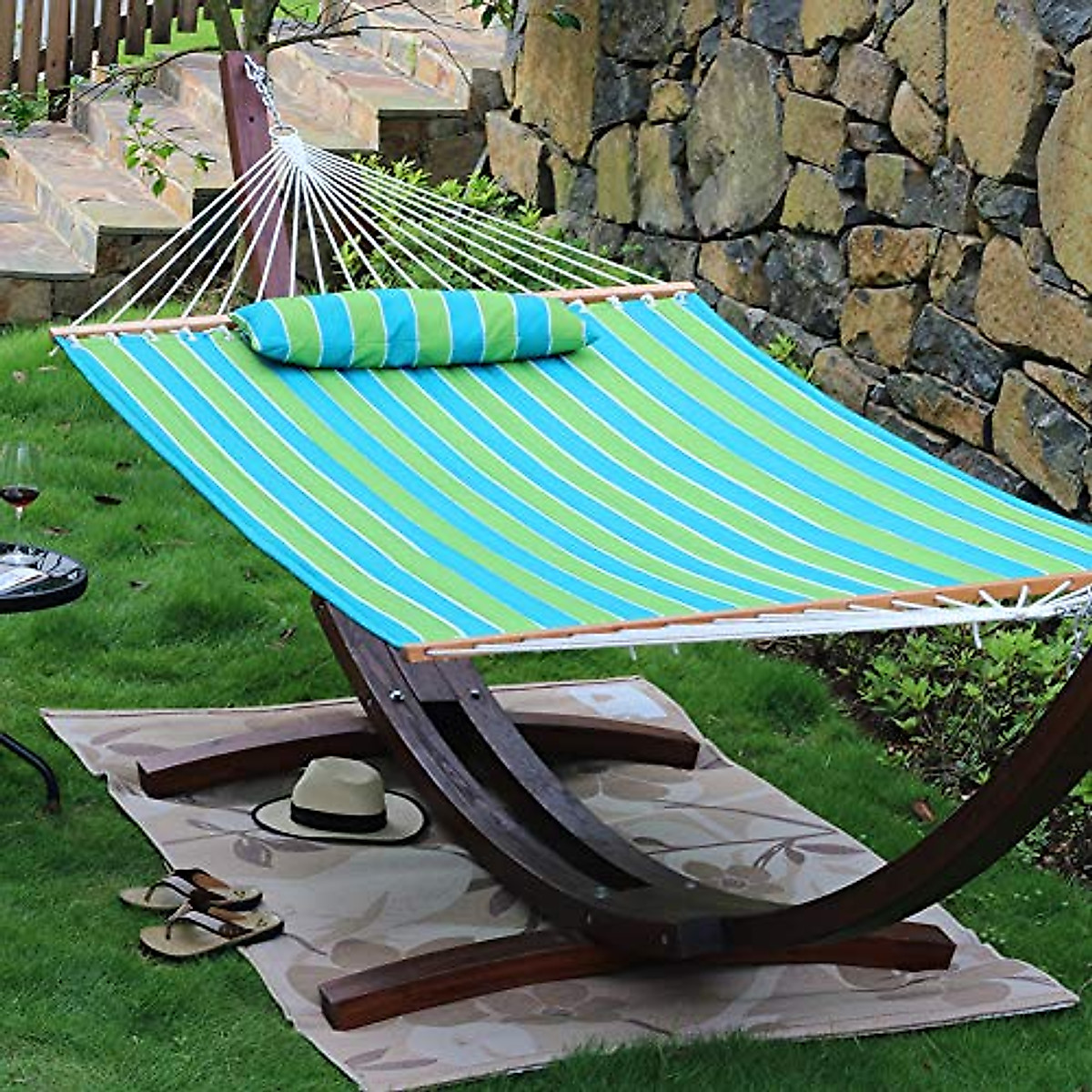 Prime Garden Double Quilted Fabric Hammock with Pillow, Hardwood Spreader Bars, 2 Person Hammock 450 Pound Capacity for Patio Garden Yard, Blue Green Stripe