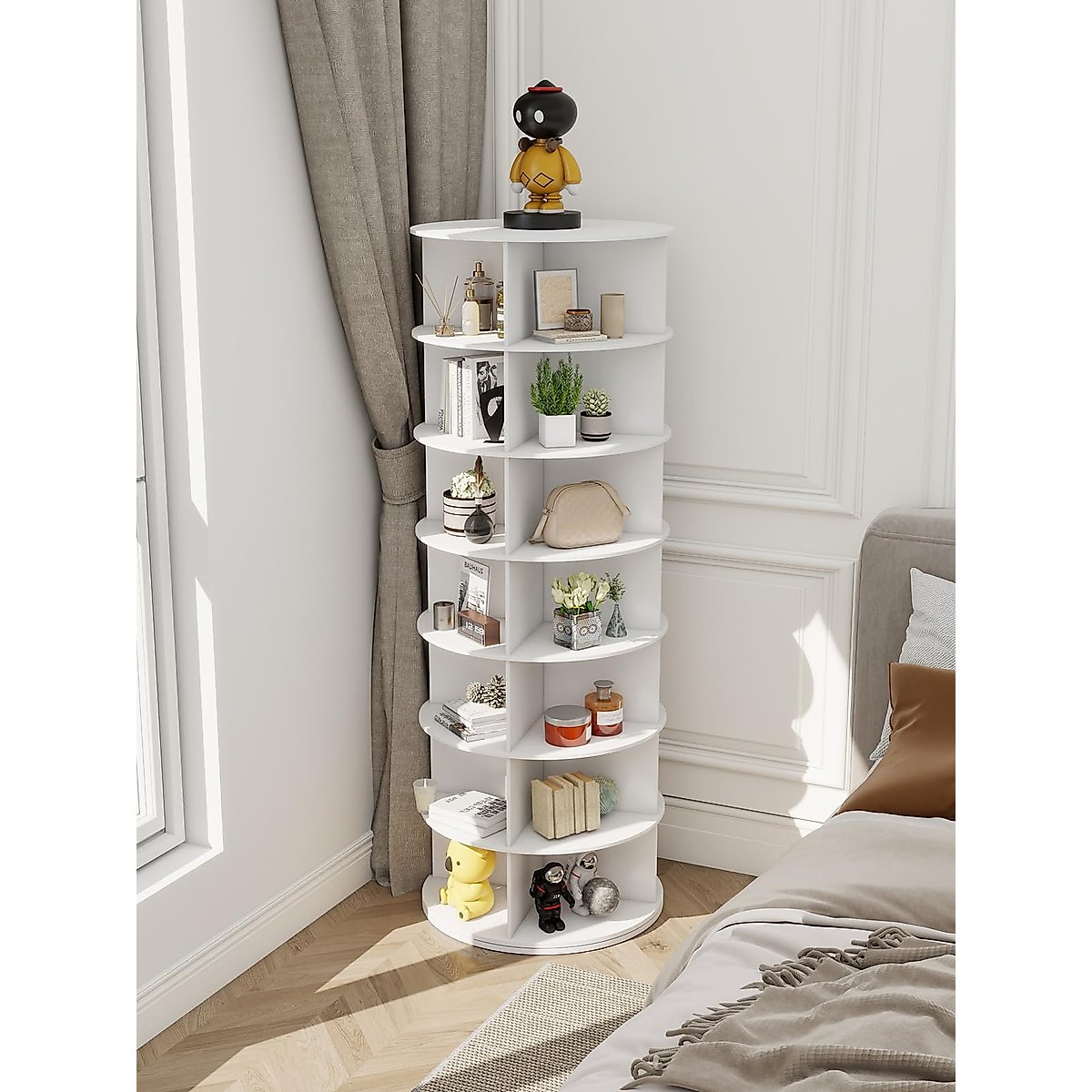 Toemics 7 Tier Rotating Shoe Rack Tower 28 Shelves, 360° Spinning Display Lazy Susan Organizer, Carousel for Shoes & Handbags, Easy Assembly, Includes 4 PCS Double-Layer Shoe Racks, White