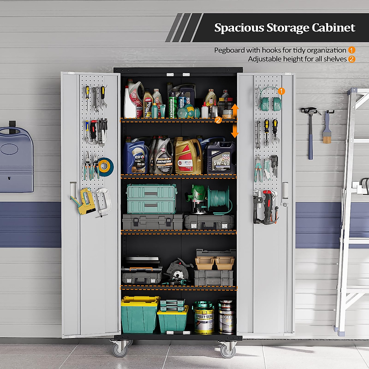 VINGLI 72'' Tall Garage Storage Cabinet, Metal Storage Cabinet with Wheels, Locking Doors and Adjustable Shelves (Black & Silver, 32''W x 16''D x 72''H)